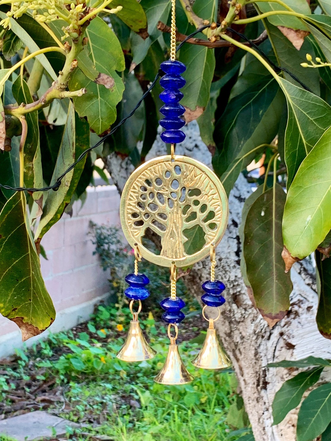 Brass Tree of Life Wind Chime With Cobalt Blue Glass Beads - Etsy