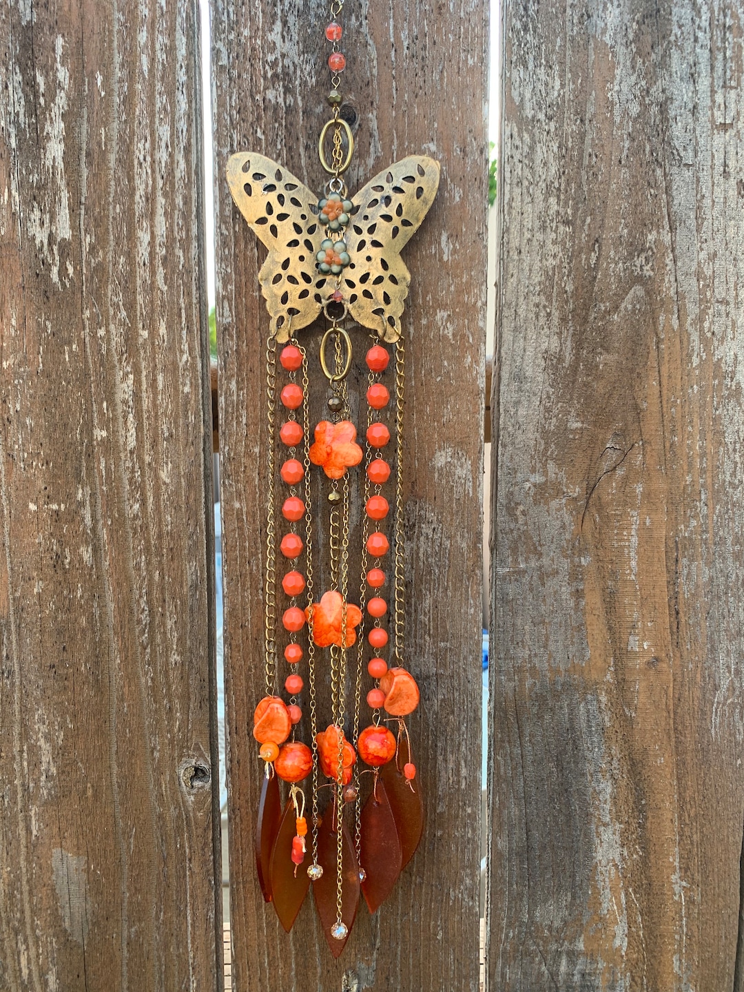 Brass Butterfly & Flowers Wind Chime Sun Catcher Mobile Handmade With ...