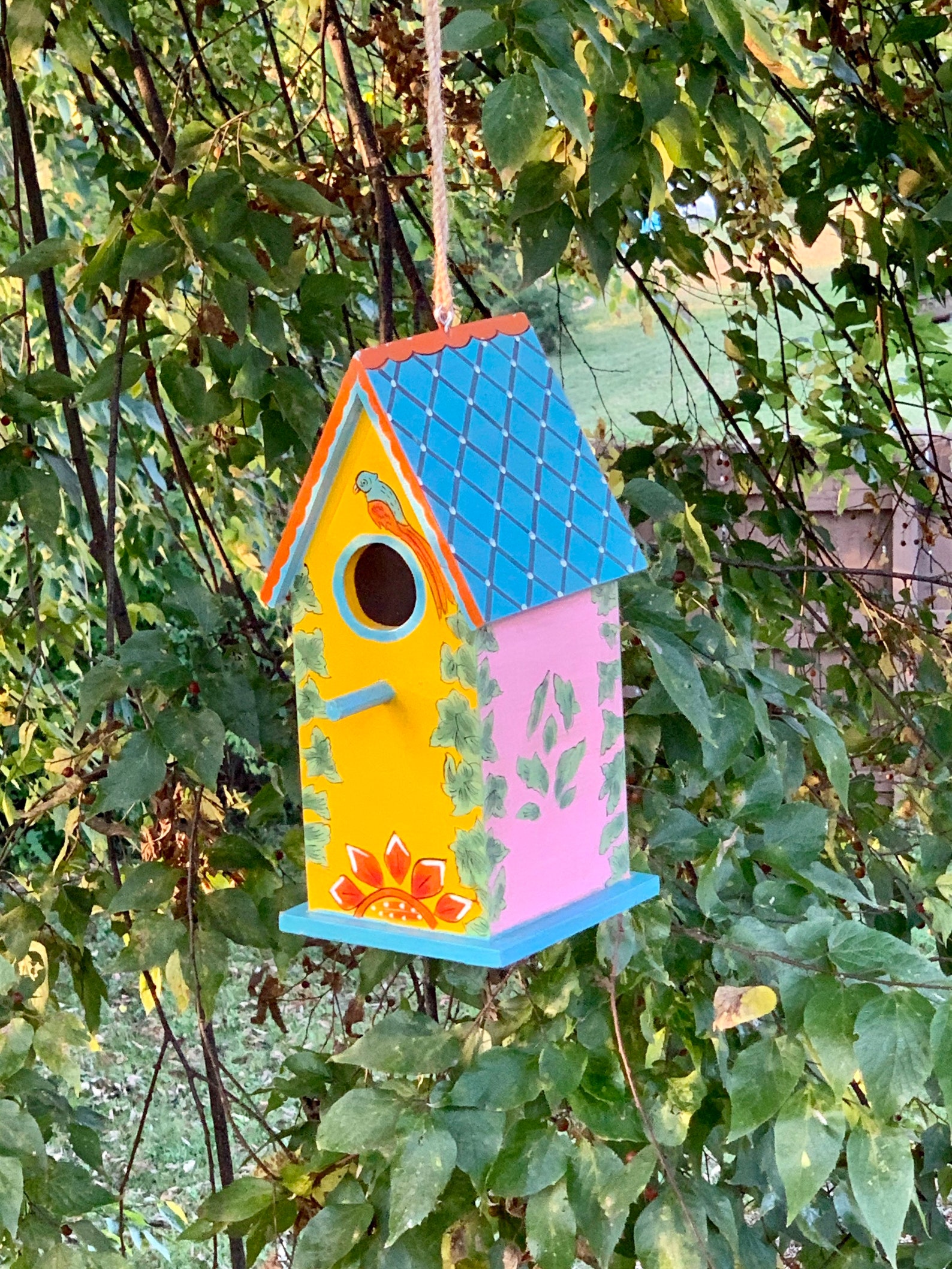 Hand Painted Yellow & Pink With Red Parrot Artisan Bird House - Etsy