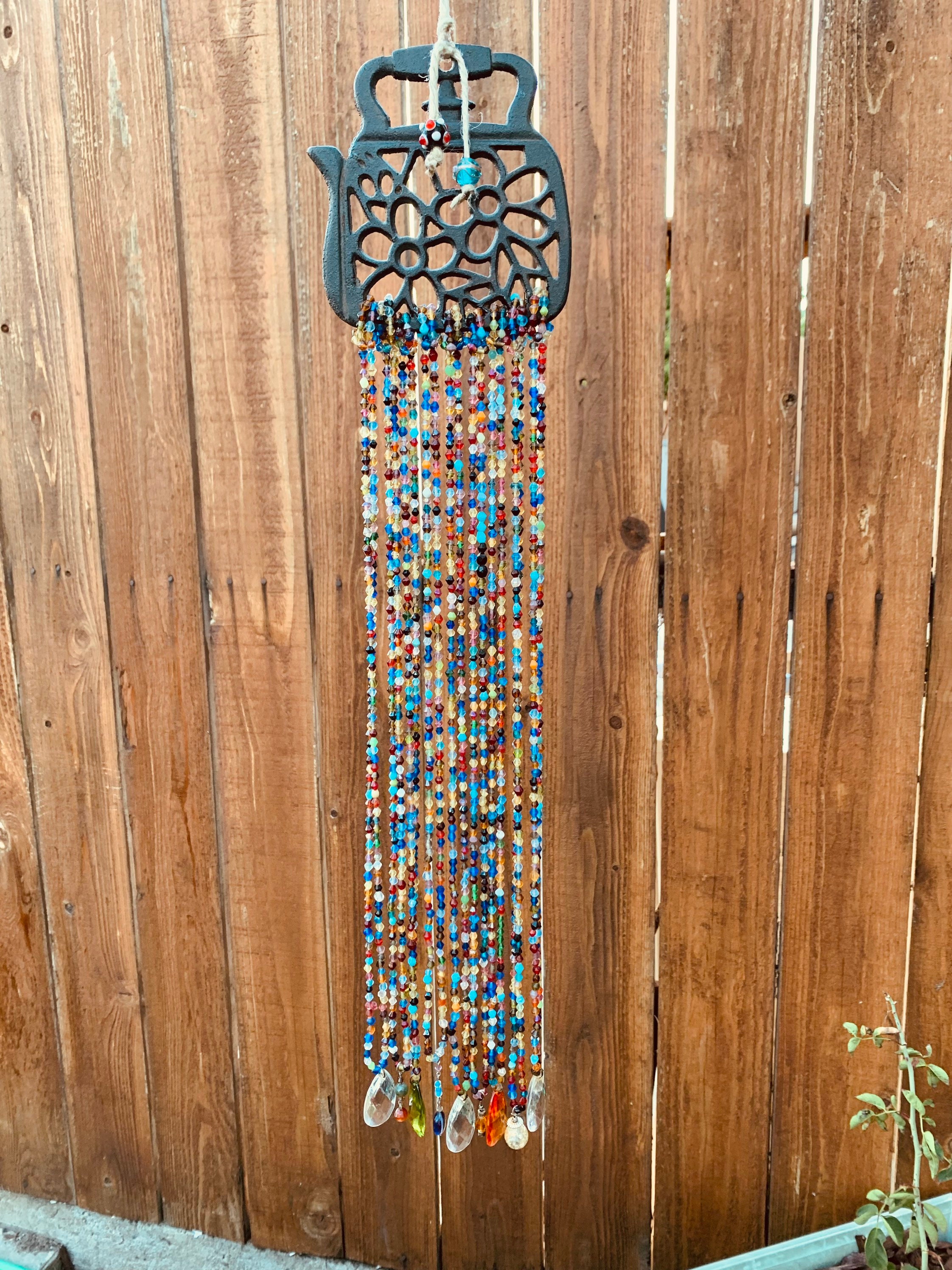 Long Beaded Rustic Teapot Wrought Iron Floral Bohemian Bead Chime Sun ...