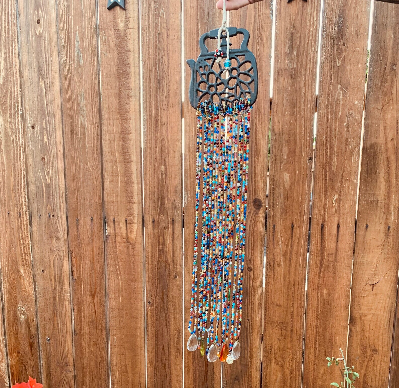 Long Beaded Rustic Teapot Wrought Iron Floral Bohemian Bead Chime Sun ...