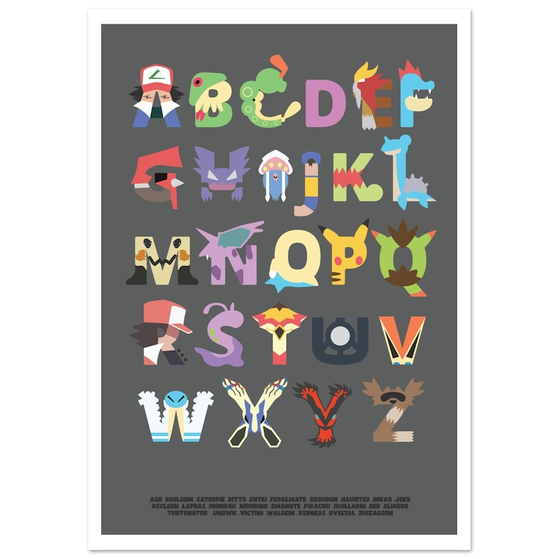 Pocket Monster Alphabet Poster - Poke Art Print - Kids Wall Art ...