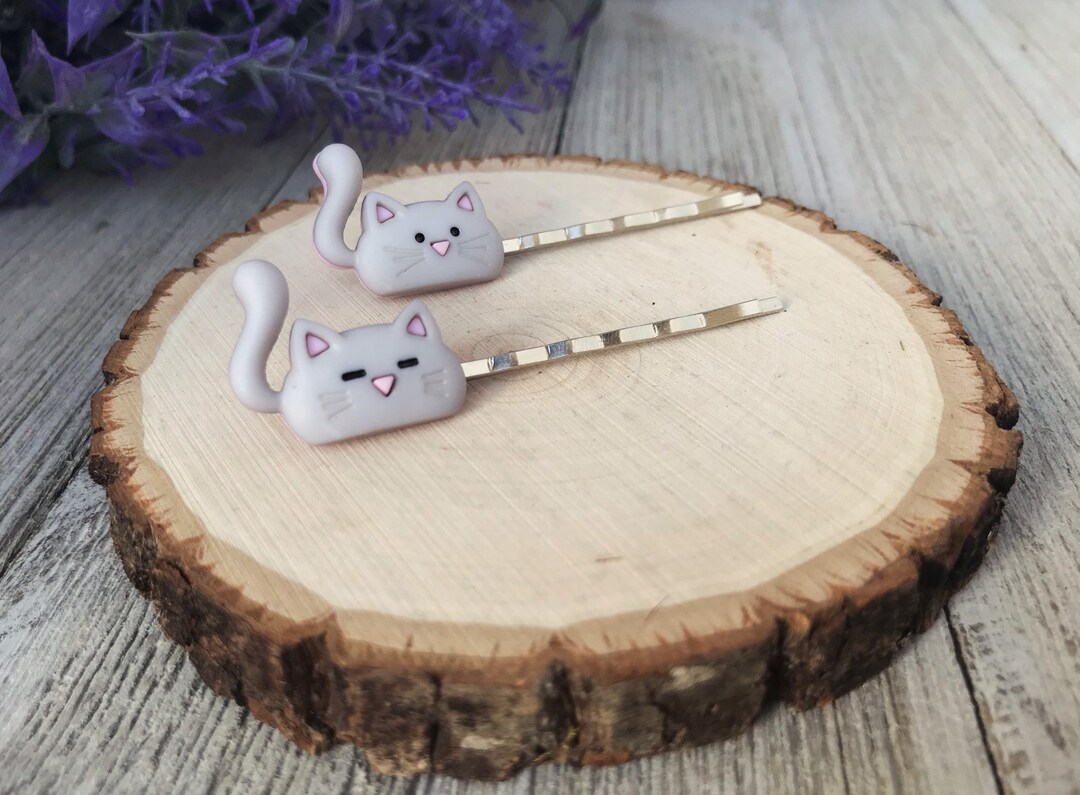 Cat Hair Pins, Kitty Bobby Pins, Womens Hair Pins, Gray Cat Bobby Pin ...