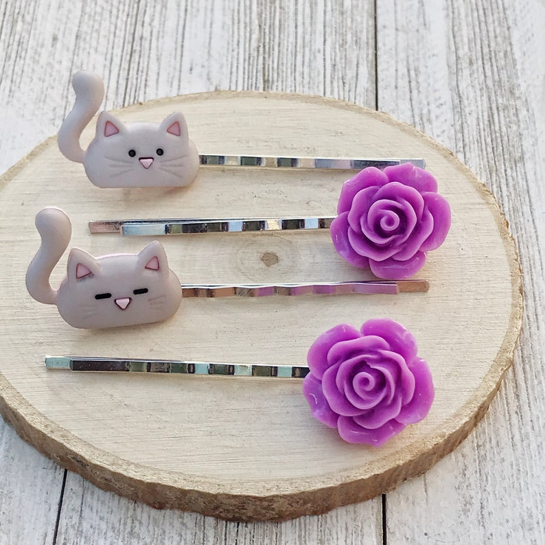 Cat and Purple Flower Hair Pins, Decorative Bobby Pins Set - Etsy