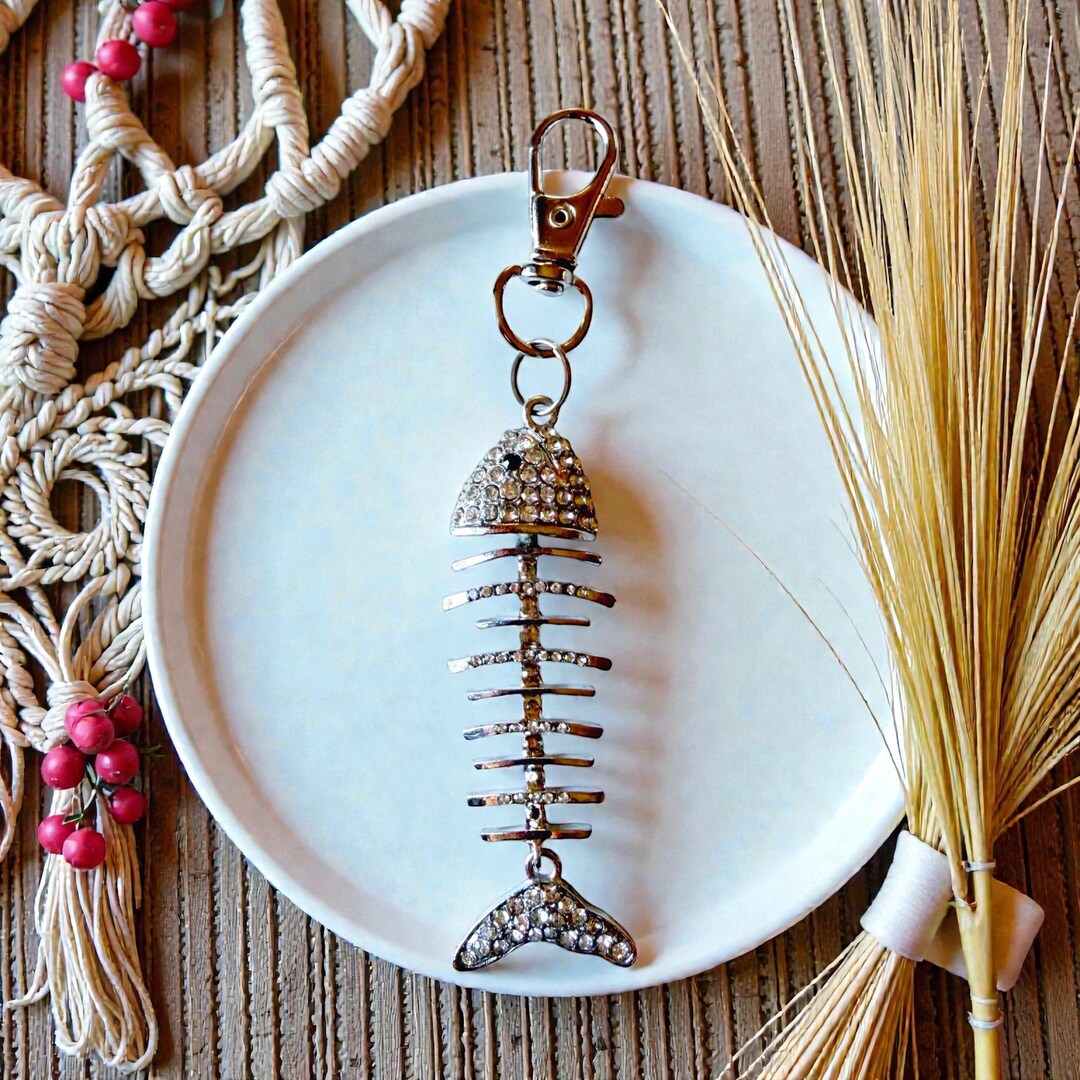 Rhinestone Fishbone Purse Charm, Sparkly Silver Fish Keychain, Moving ...