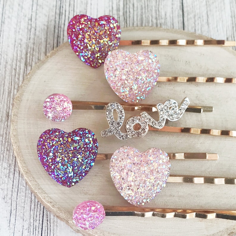 Heart Hair Pins, Pink Glitter Hair Clips, Rhinestone Love Pins, Purple ...