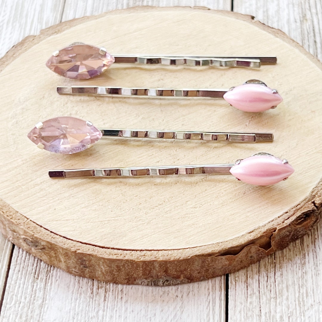 Pink Rhinestone Hair Pin Set, Pearl Bobby Pins, Womens Decorative Hair ...