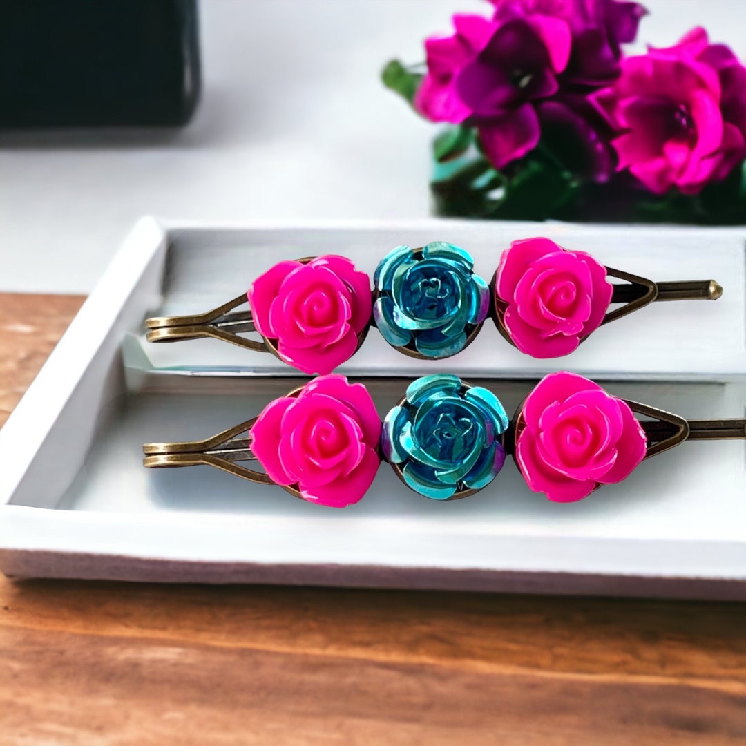 Pink & Blue Rose Flower Hair Pins, Floral Bobby Pins, Decorative Bobby ...