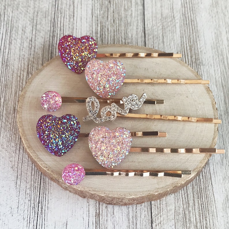 Heart Hair Pins, Pink Glitter Hair Clips, Rhinestone Love Pins, Purple ...