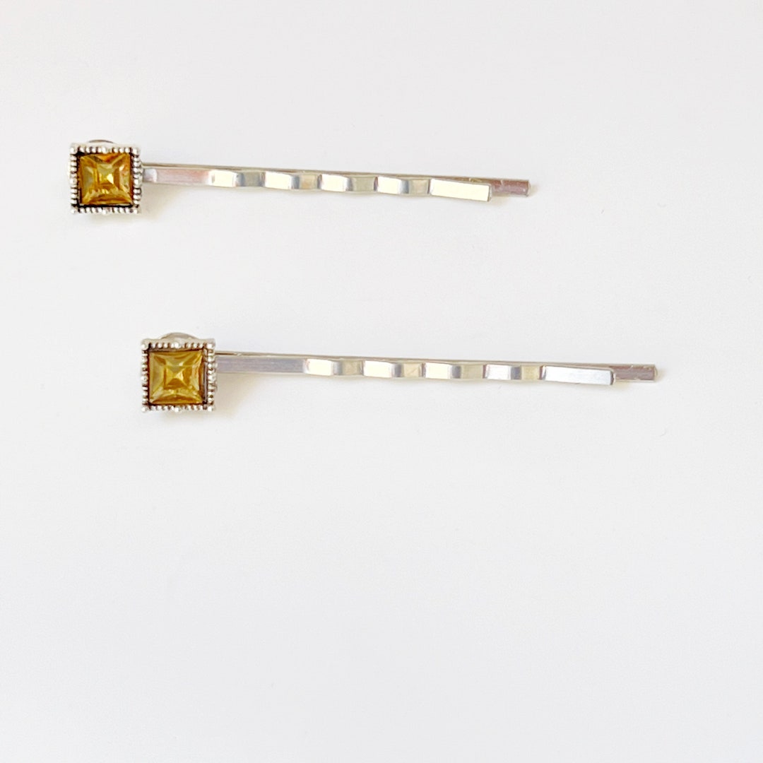Square Yellow Glass Bobby Pins for Women, Small Decorative Silver Hair ...