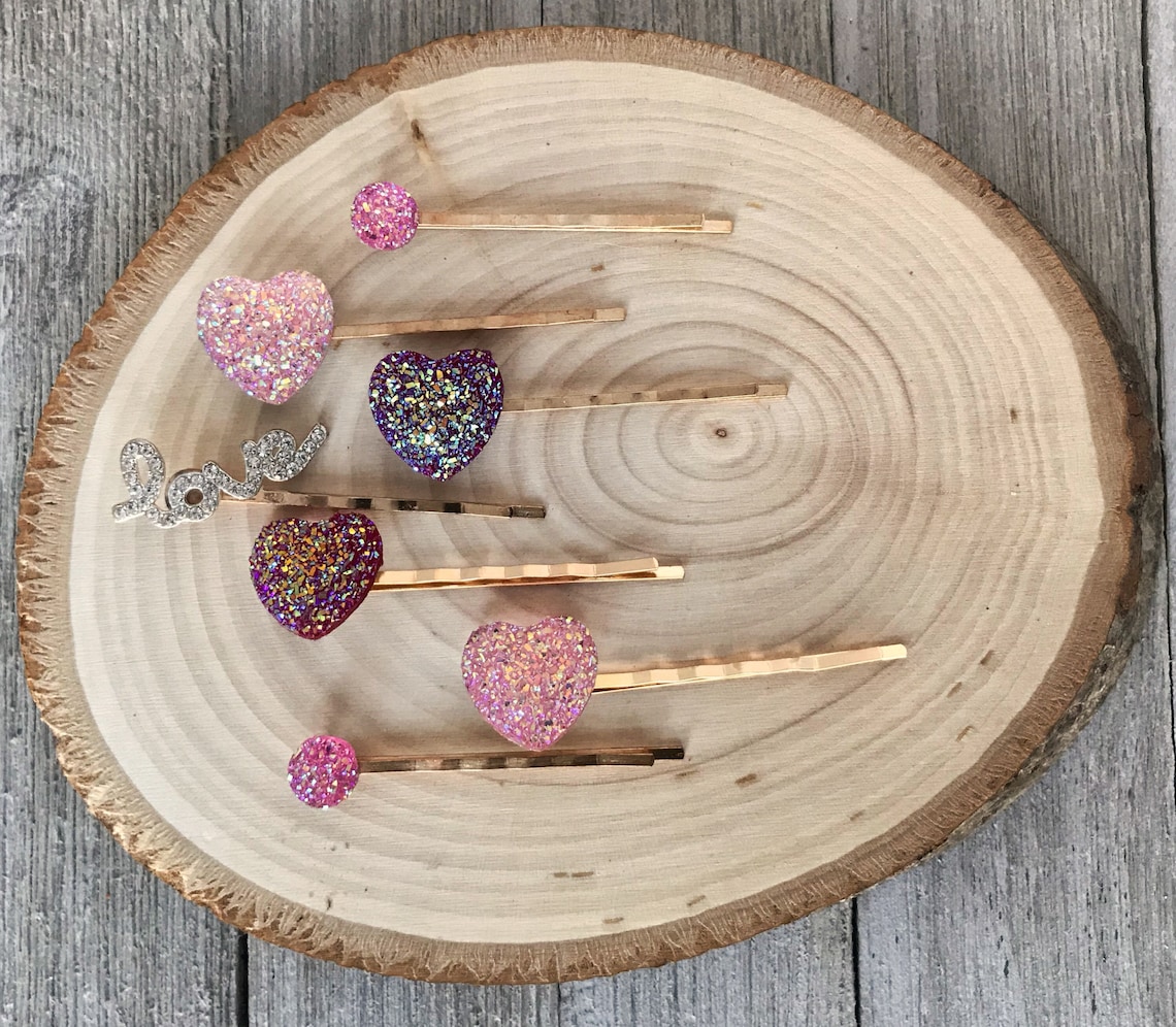 Heart Hair Pins Pink Glitter Hair Clips Rhinestone Love | Etsy