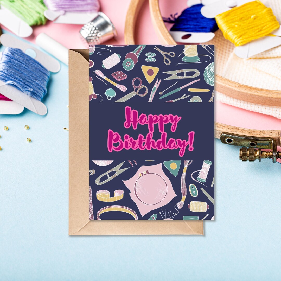 Sewing Print Birthday Card, Cross Stitch Birthday, Needlework Art Card ...