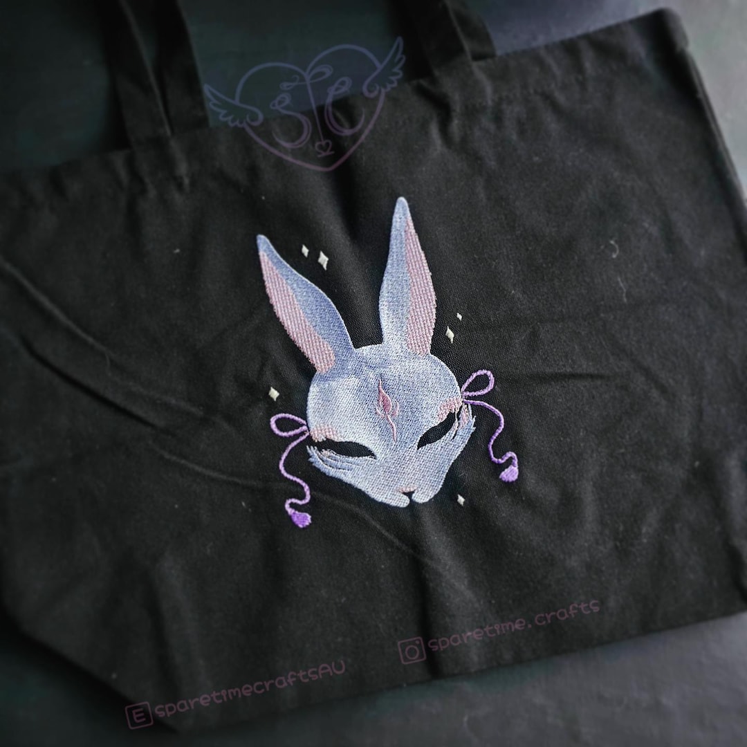 Pastel Rabbit Yokai Mask Embroidered Tote Bag Usagi Bunny Mask Japanese ...