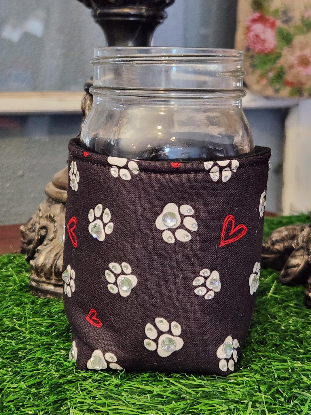 Bedazzled Mason Jar Cozy, Dog Paw Print Pattern, Handmade, Bling - Etsy