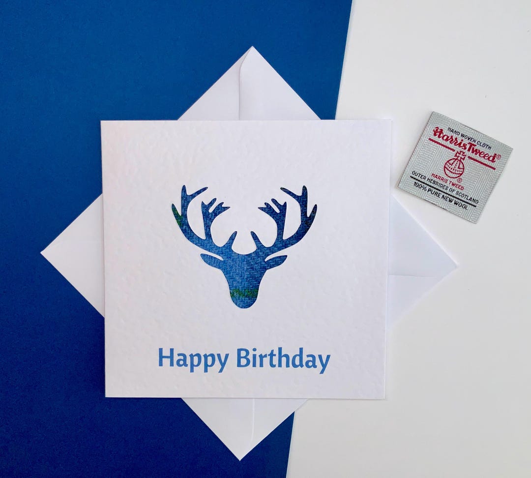 Stag Happy Birthday Greeting Card, Blue Tartan Harris Tweed Stag Design ...