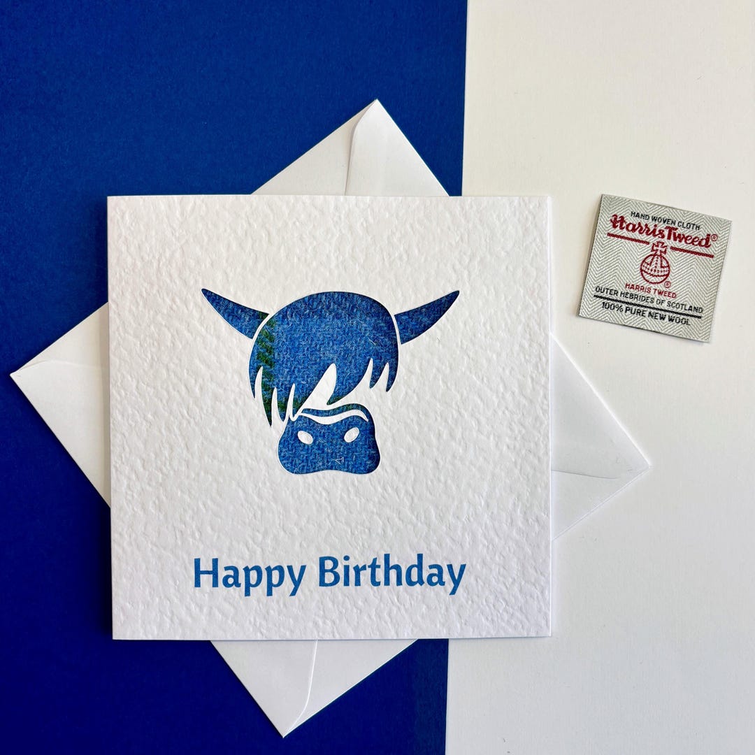 Highland Cow Birthday Card, Blue Tartan Harris Tweed, Unique Handmade ...