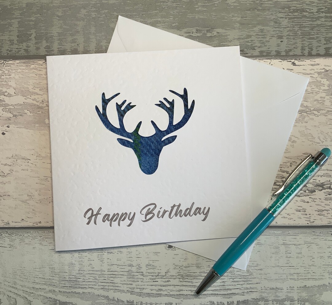 Stag Happy Birthday Greeting Card, Blue Tartan Harris Tweed Stag Design ...