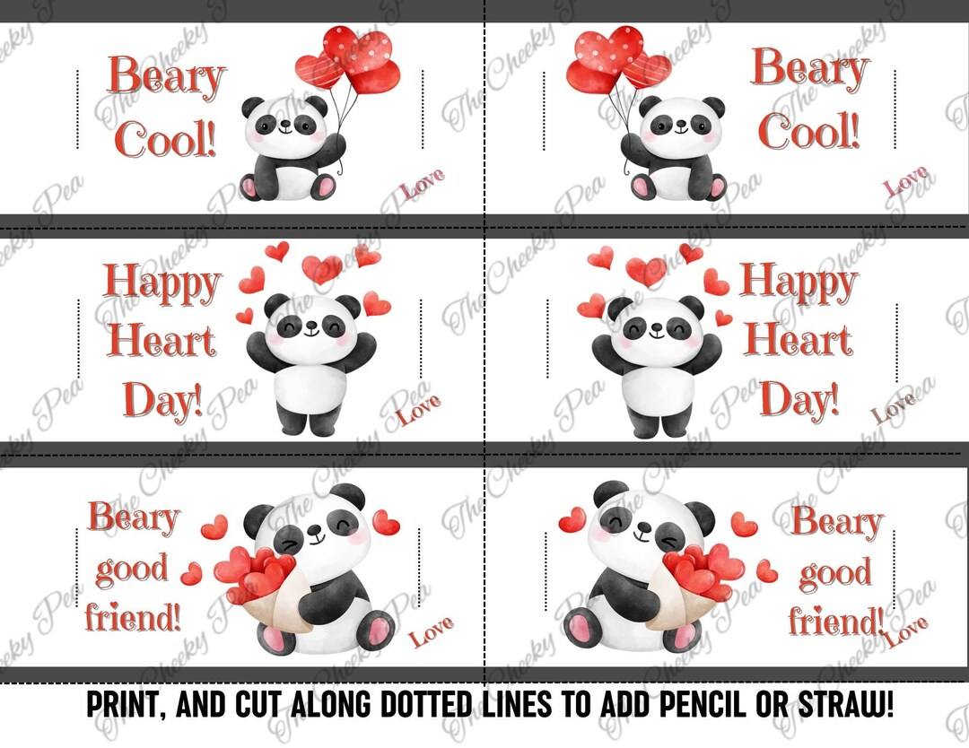 Printable Valentine Panda Pencil Cards, Panda Valentine, Pencil ...
