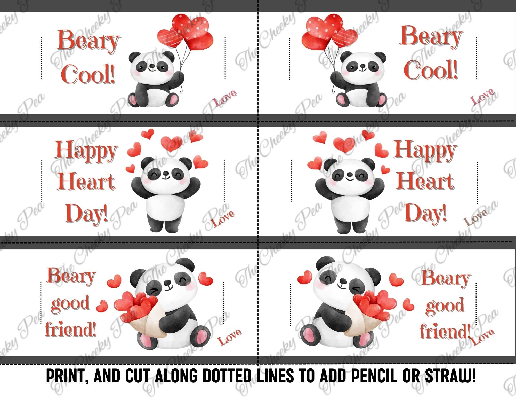Printable Valentine Panda Pencil Cards, Panda Valentine, Pencil ...