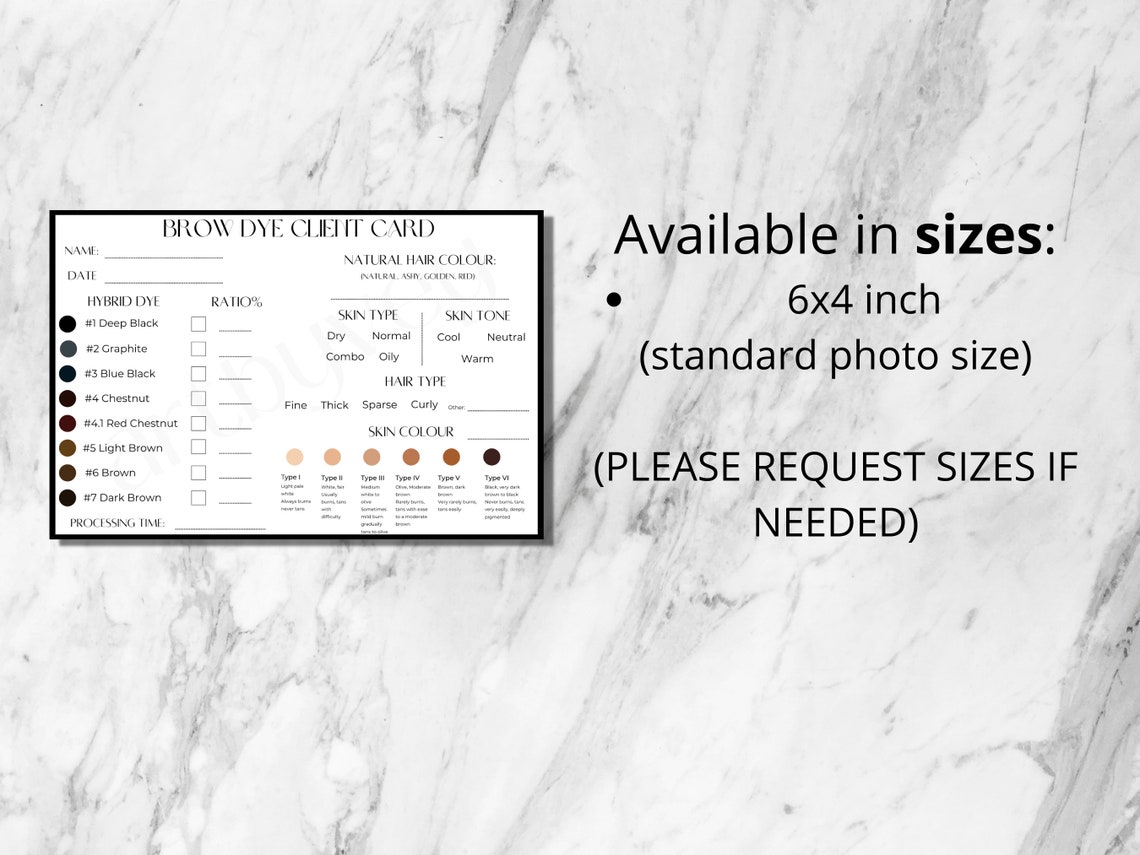 Brow Dye Client Record Card, Brow Tint Record Card, Bronsun Dye Record ...