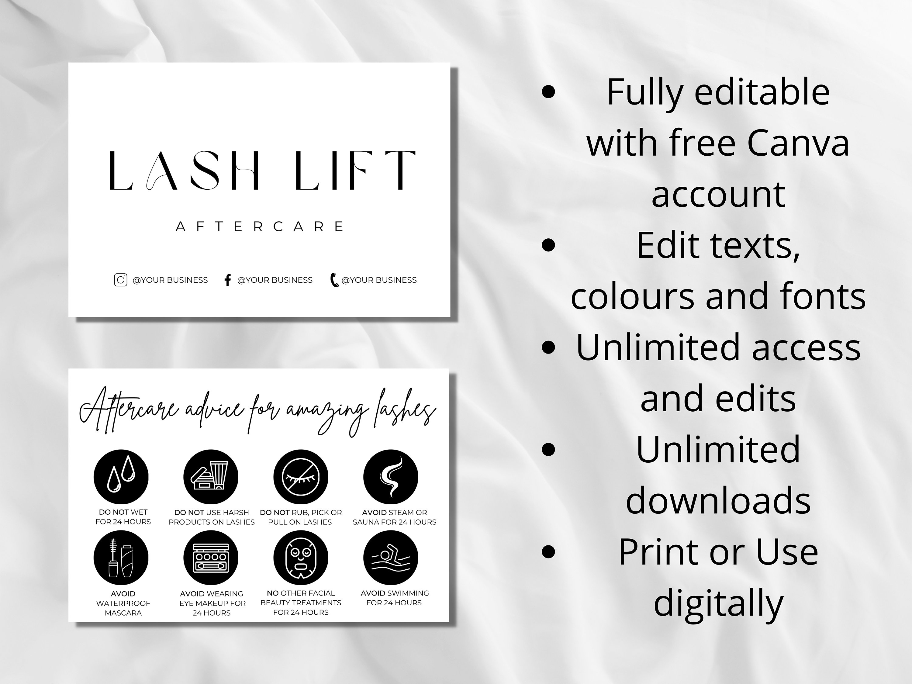 Lash Lift and Tint Aftercare Card Template, Editable Lash Lift Card ...