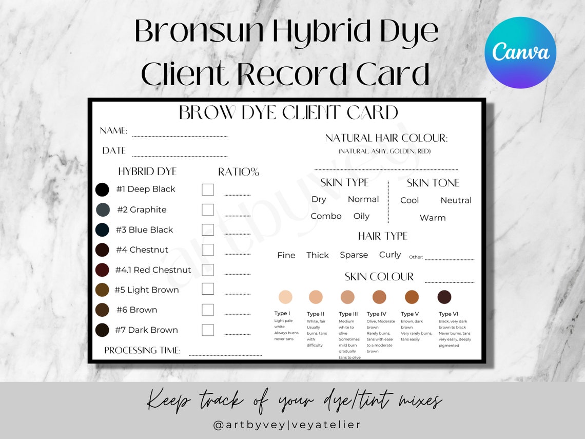 Brow Dye Client Record Card, Brow Tint Record Card, Bronsun Dye Record ...