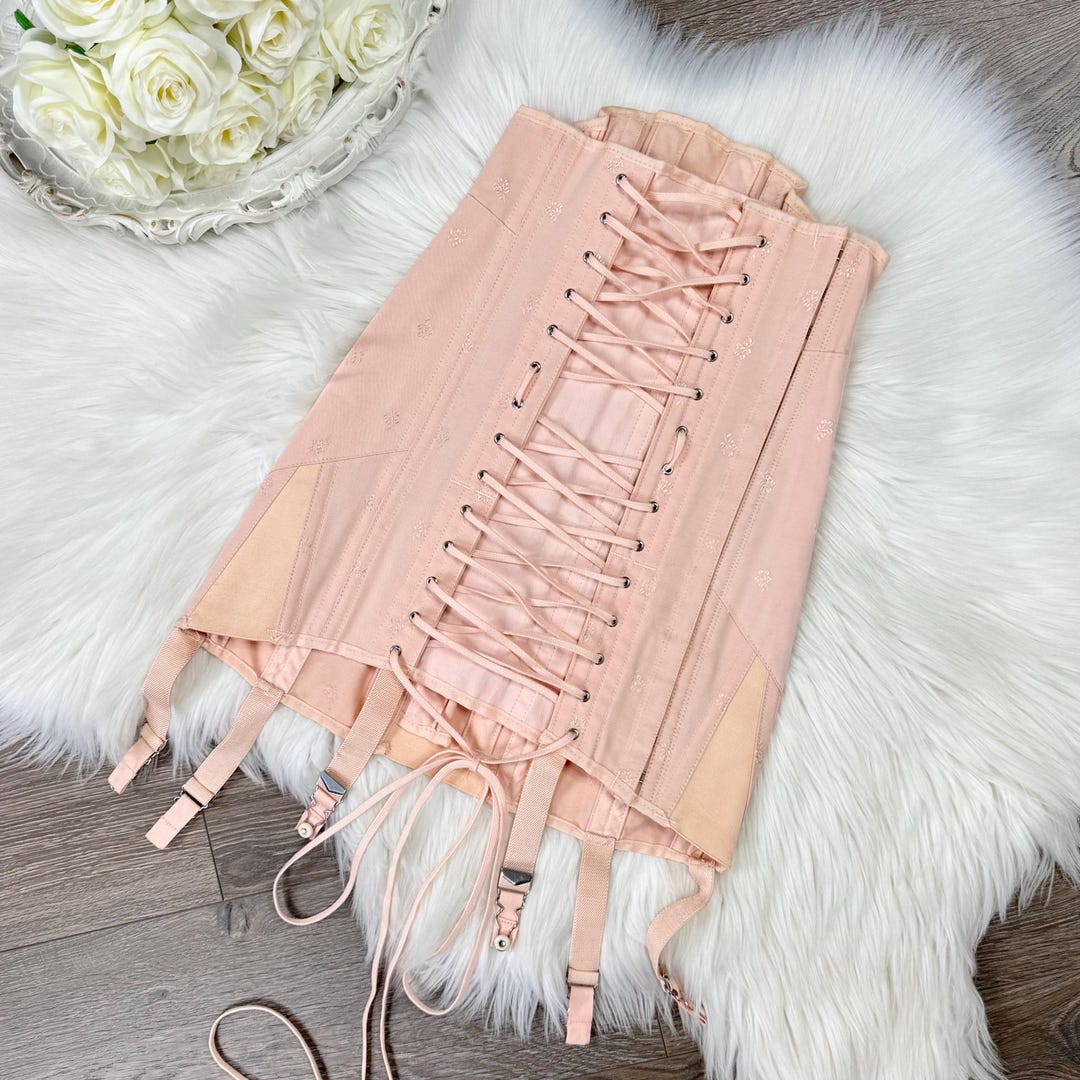 XXS/XS Vintage 40s 50s Peach Pink Floral Print Lace up Girdle Corset ...
