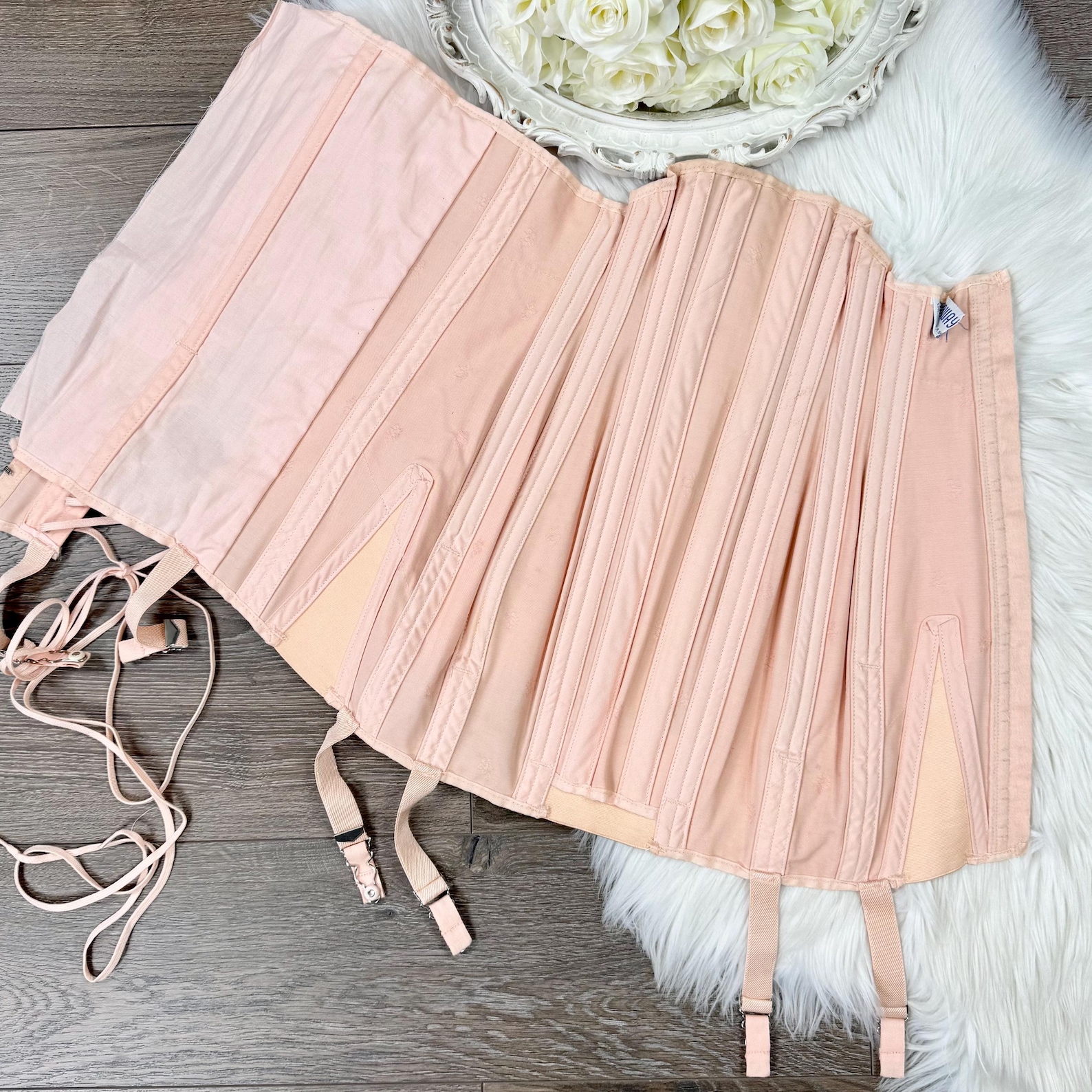 XXS/XS Vintage 40s 50s Peach Pink Floral Print Lace up Girdle Corset ...