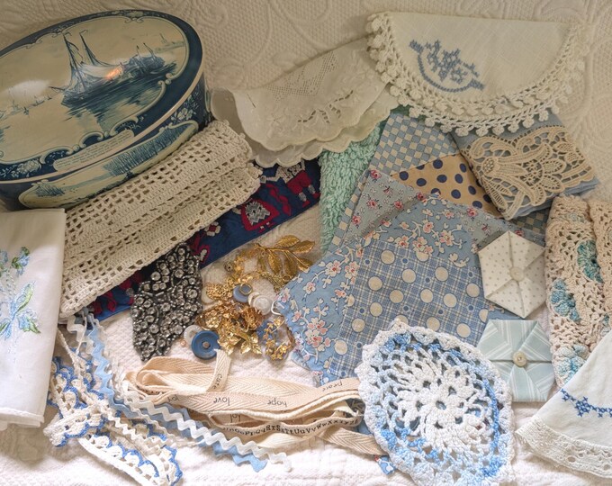Beautiful Blue Droste Chocolate Vintage Tin, Fabric, Buttons, Jewelry ...