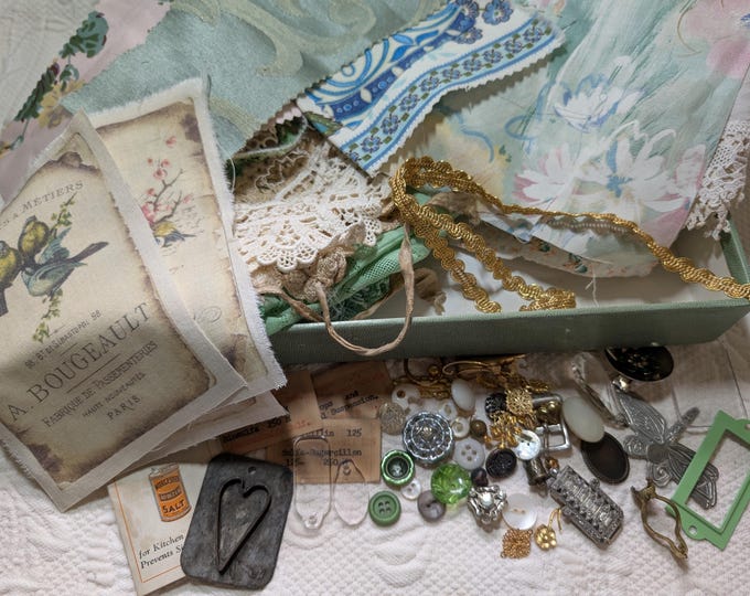 Vintage Green Jewelry Box Stash: Fabric, Ephemera, Jewelry for Junk ...