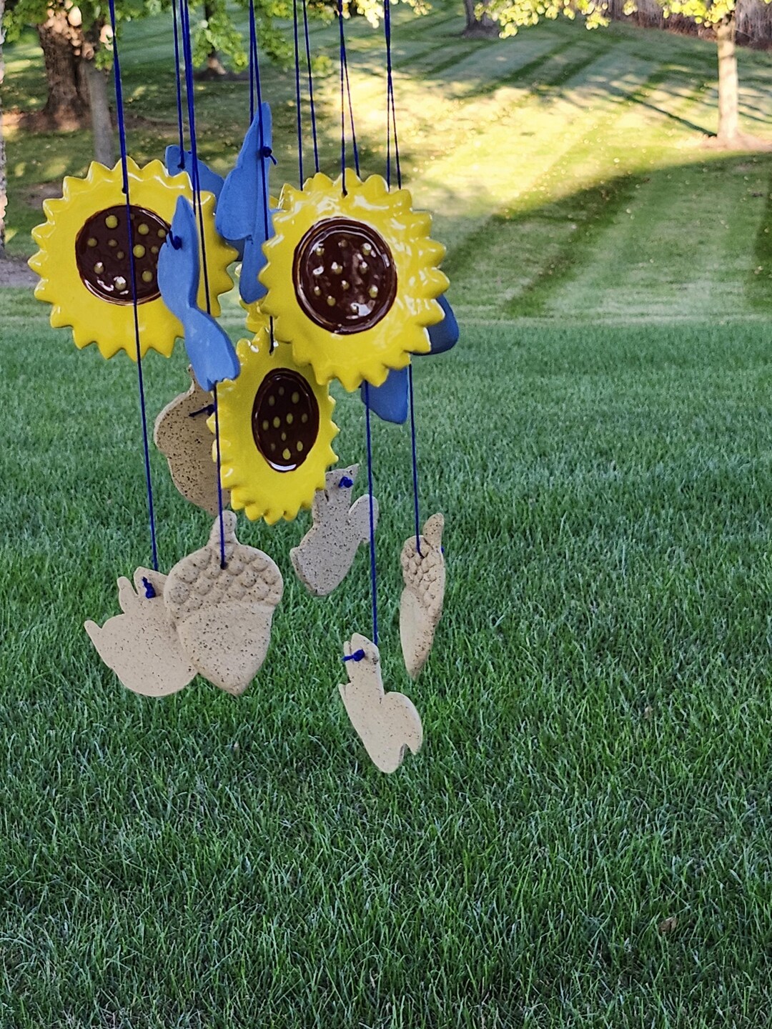 Ceramic Wind Chime, Hand Built From Clay, Sunflowers, Blue Butterflies ...