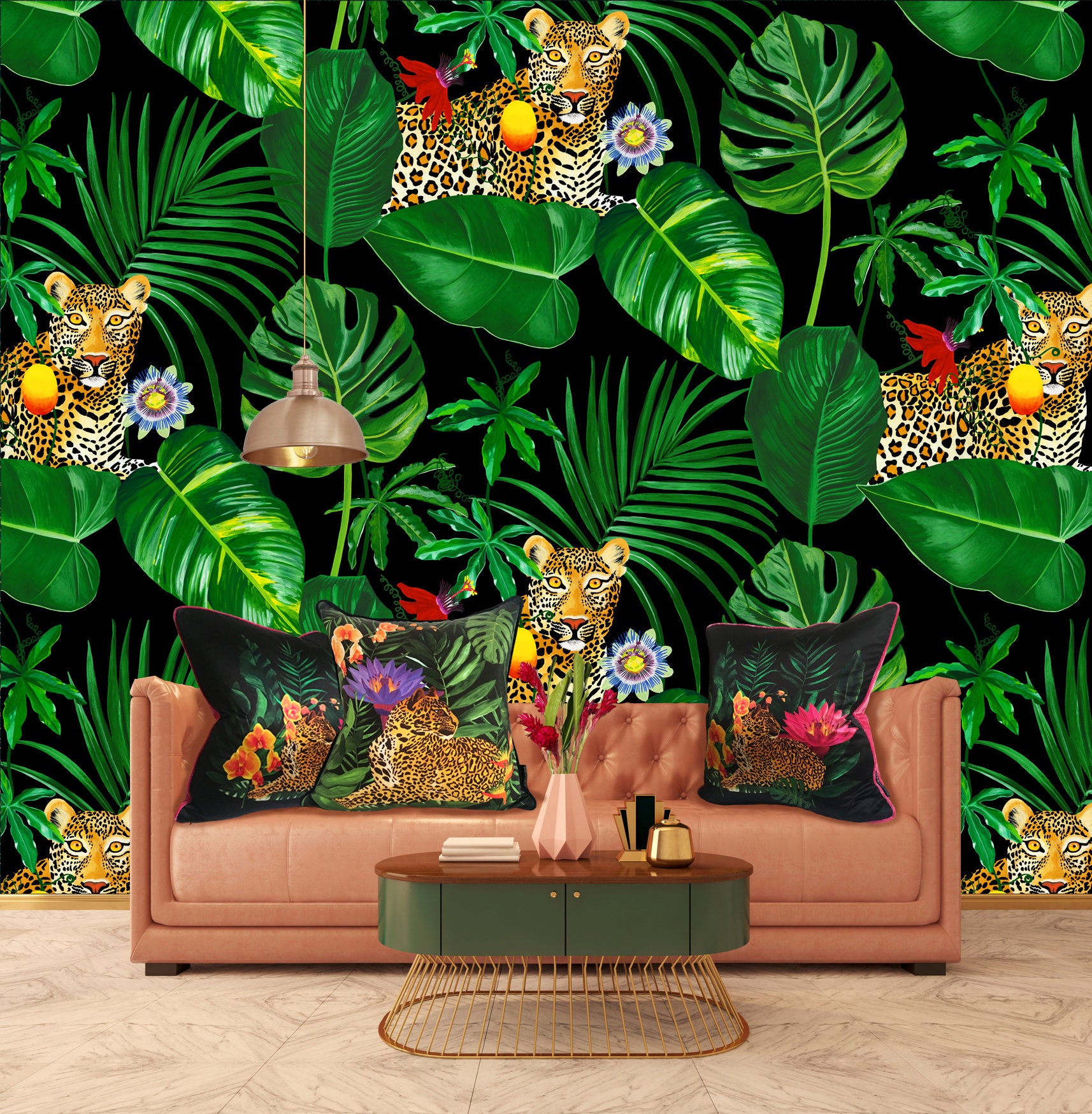 Samples: Tropical Print Leopard Wallpaper, Emerald Green, Botanical ...