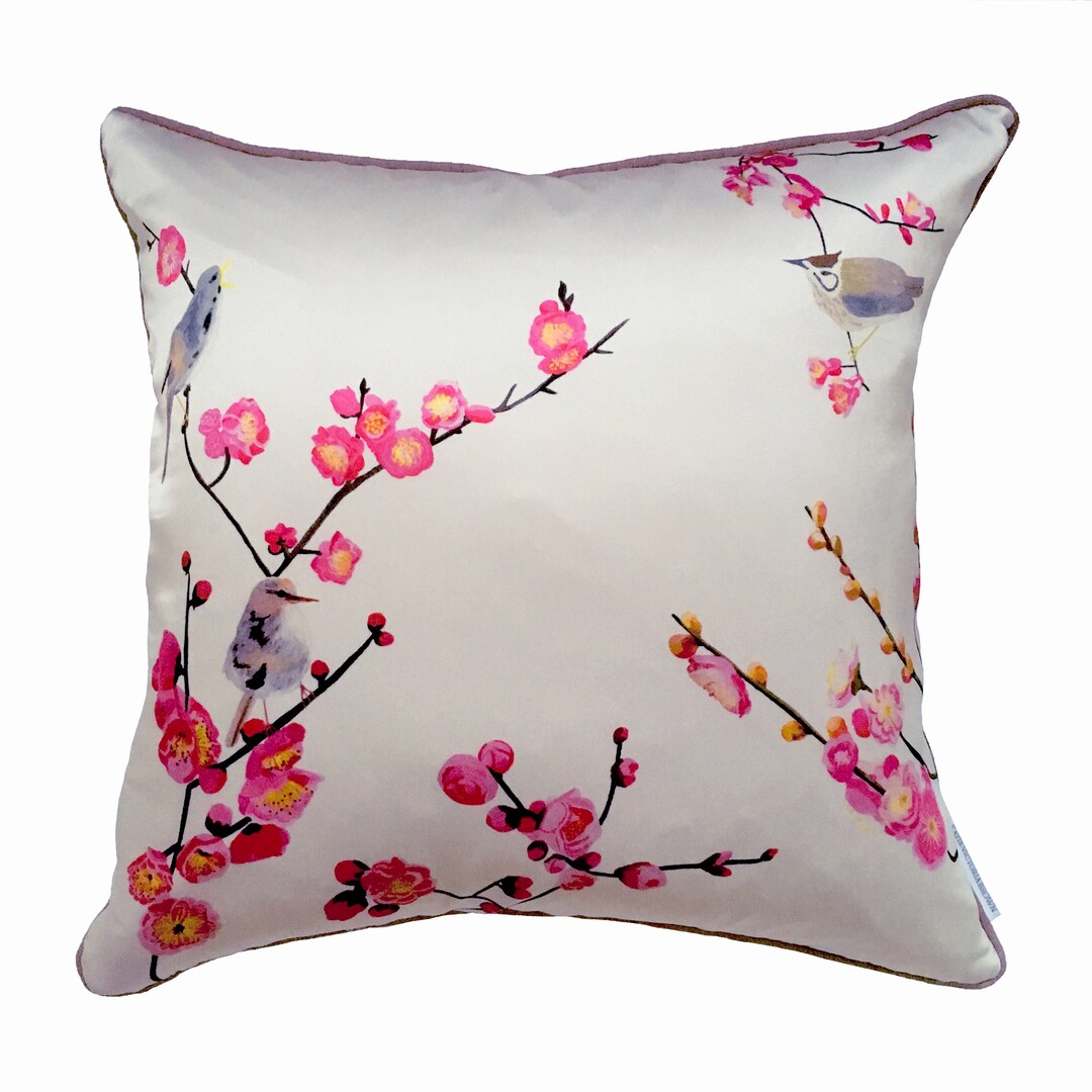 Oriental Cherry Blossoms and Birds Cushion, Hot Pink, Large, Luxury ...