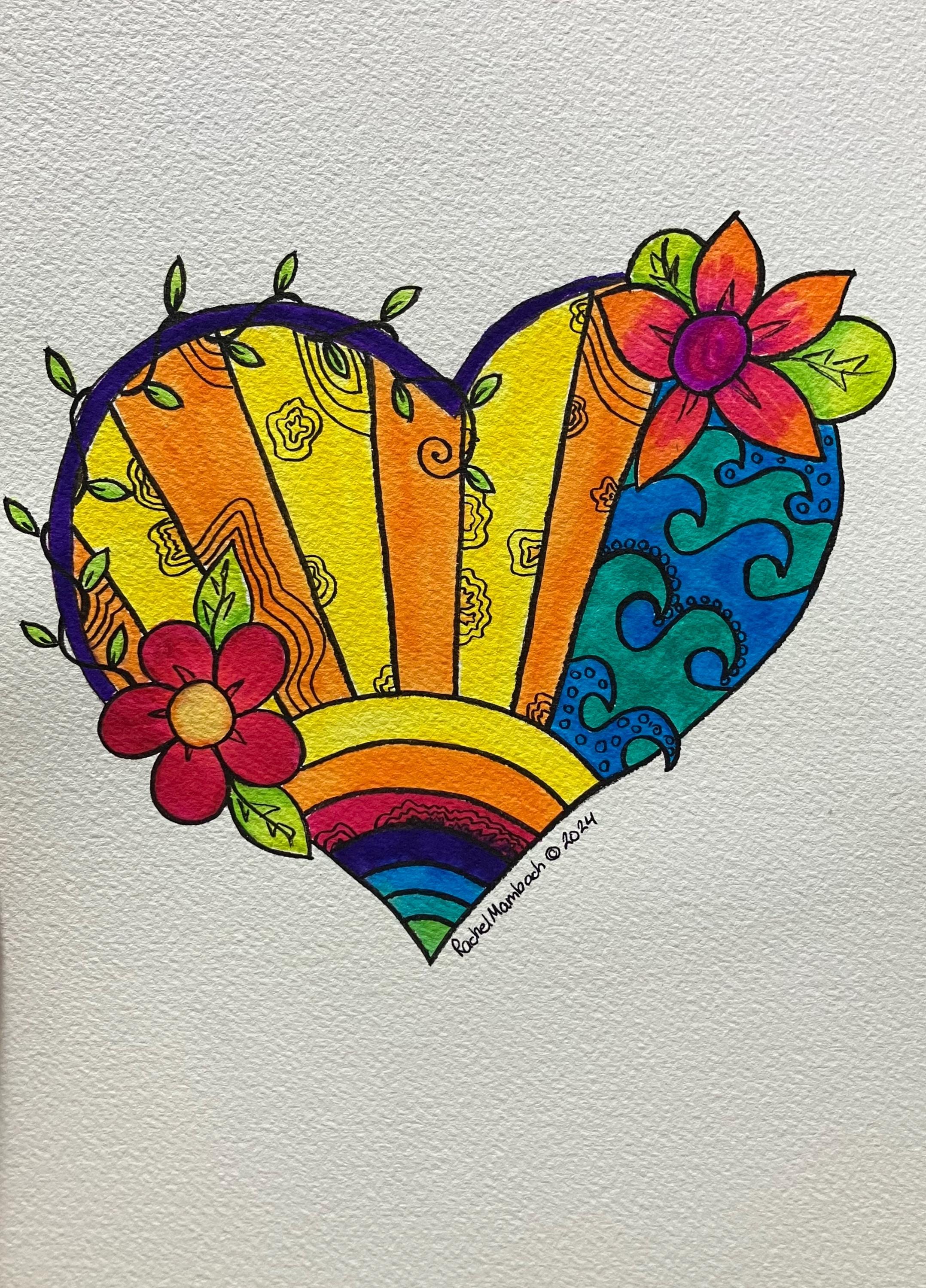 Heart Drawing With Ocean, Sunrise & Flowers – Original Symbolic Art ...