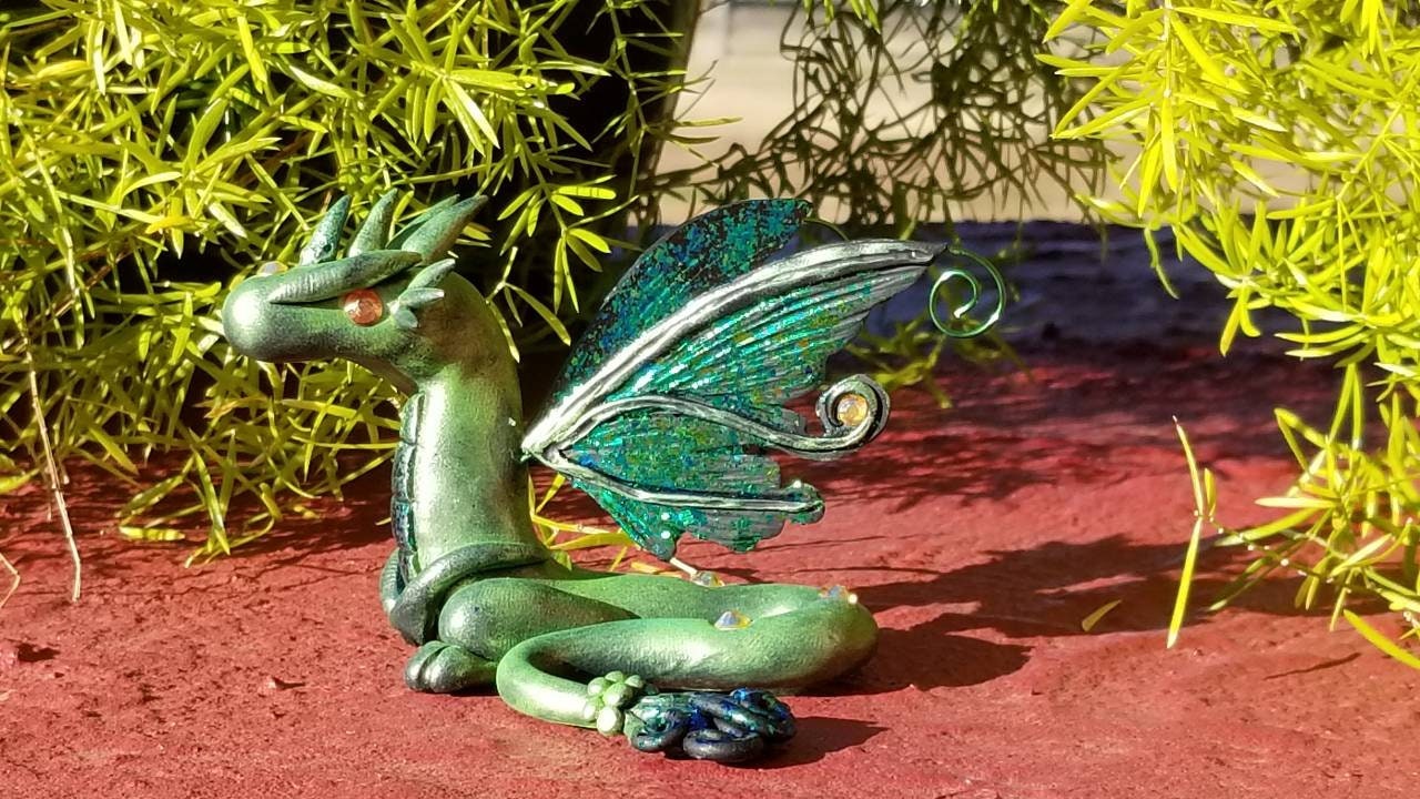 Green Iridescent Dragon Statue, Sculpture, Polymer Clay, Unique Gift ...