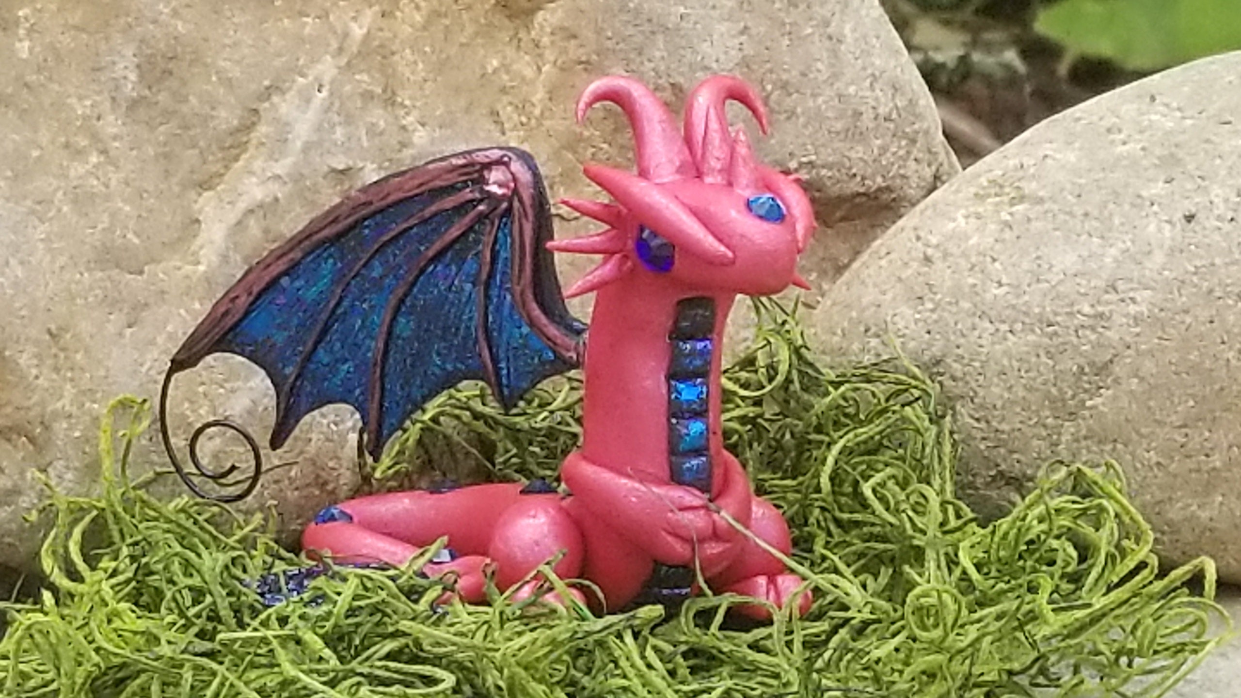 Pink Dragon Blue Wings, Statue, Sculpture, Polymer Clay, Unique Gift ...