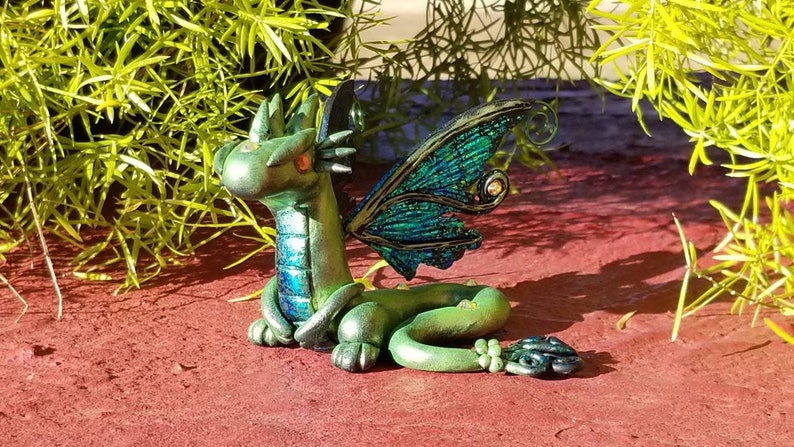 Green Iridescent Dragon – Statue, Sculpture, Polymer Clay, Unique Gift ...
