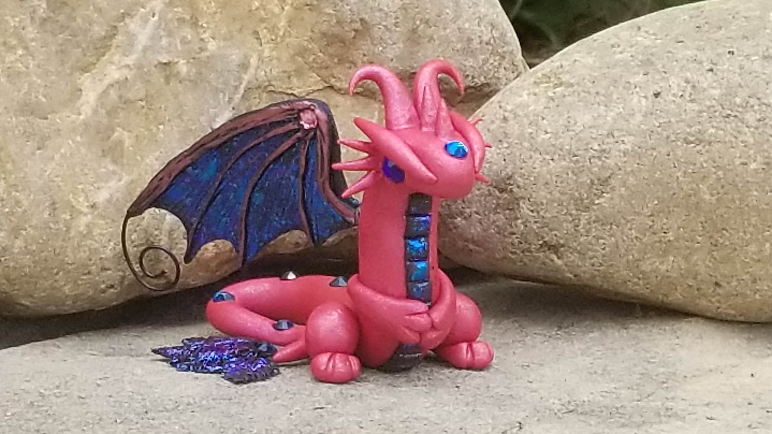 Pink Dragon Blue Wings, Statue, Sculpture, Polymer Clay, Unique Gift ...