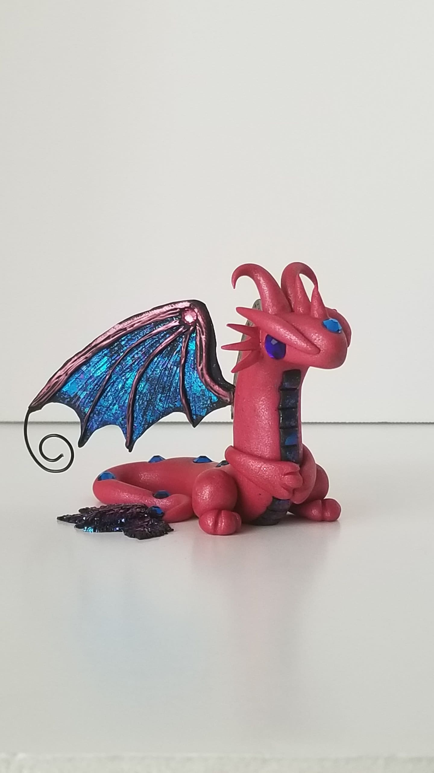 Pink Dragon Blue Wings, Statue, Sculpture, Polymer Clay, Unique Gift ...