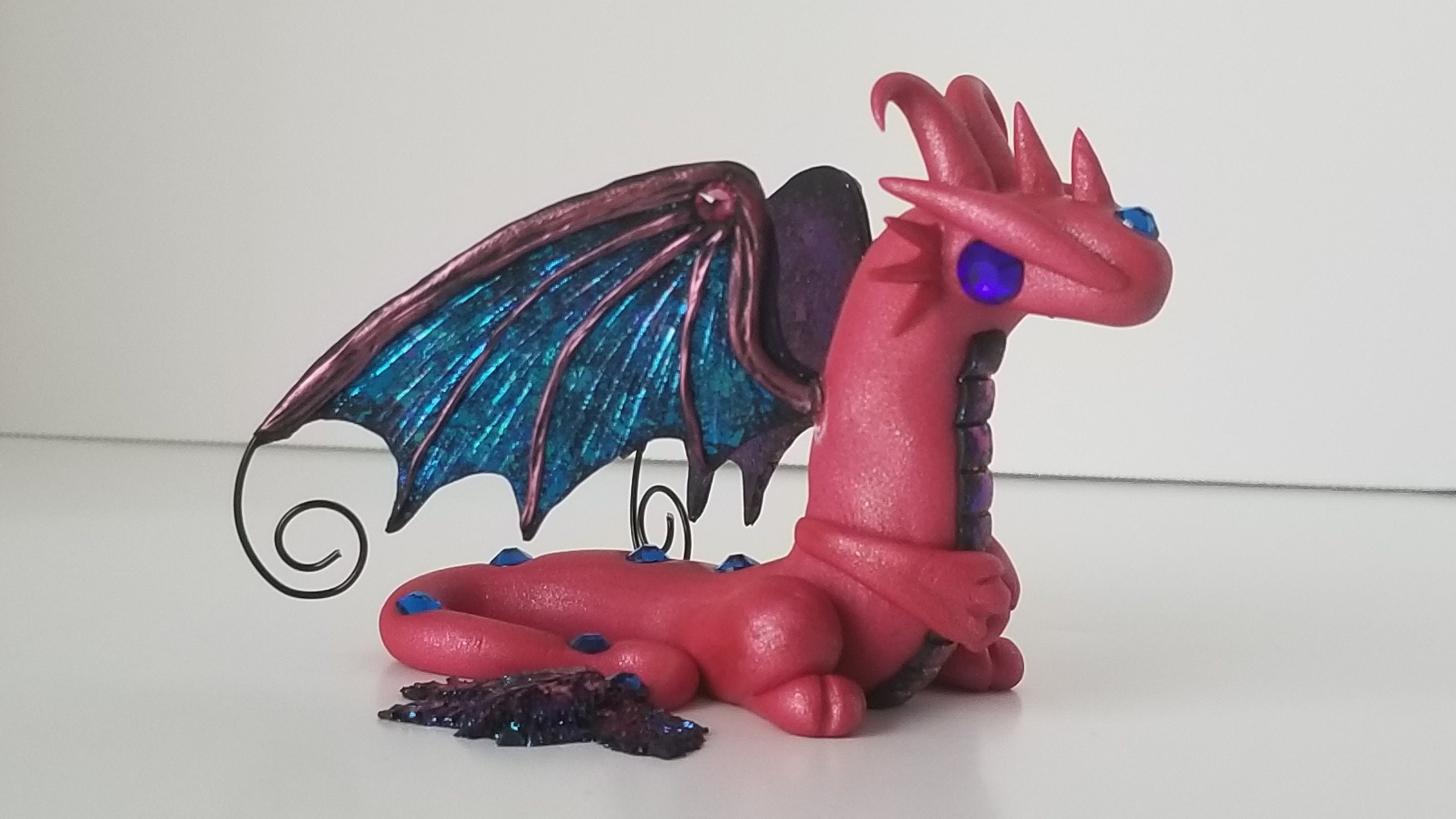Pink Dragon Blue Wings, Statue, Sculpture, Polymer Clay, Unique Gift ...