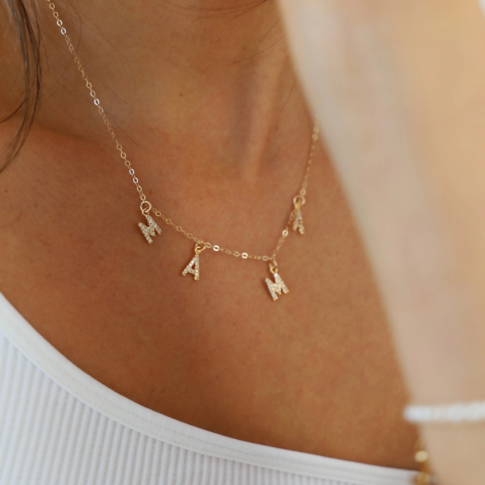 MAMA Necklace: Gold Filled Chain With Cubic Zirconia Charms - Etsy