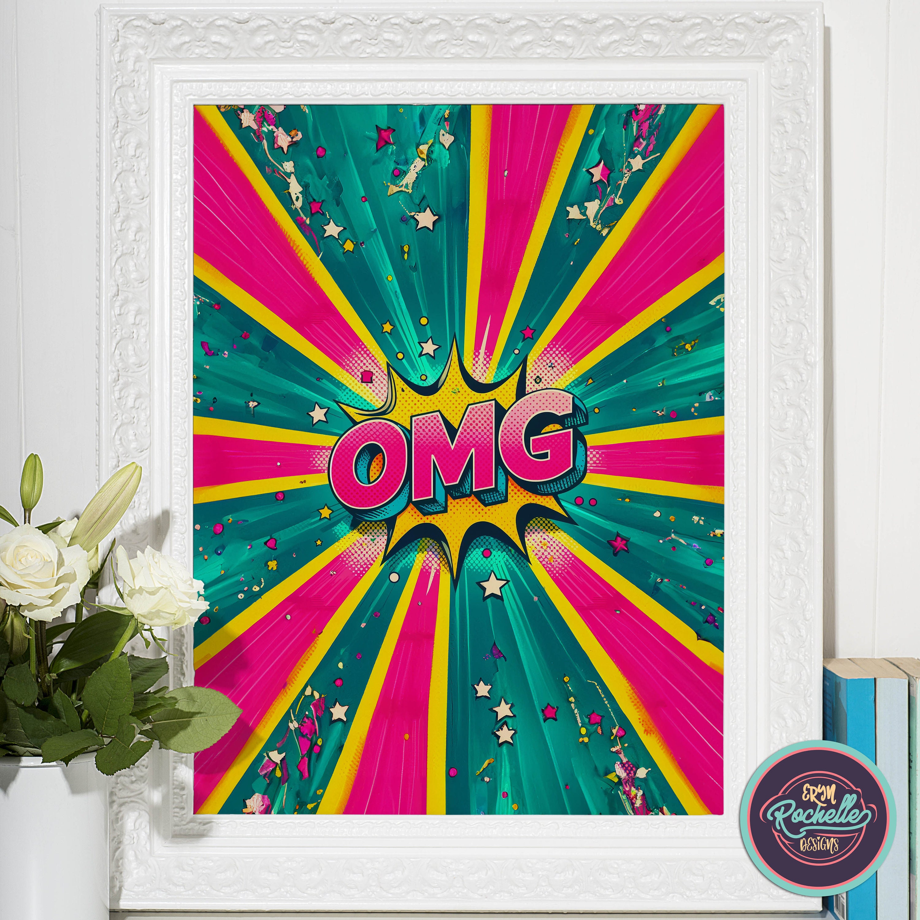 OMG Comic Book Style Bubble Gum Pop Poster- Pink OMG and Radia Stripes ...