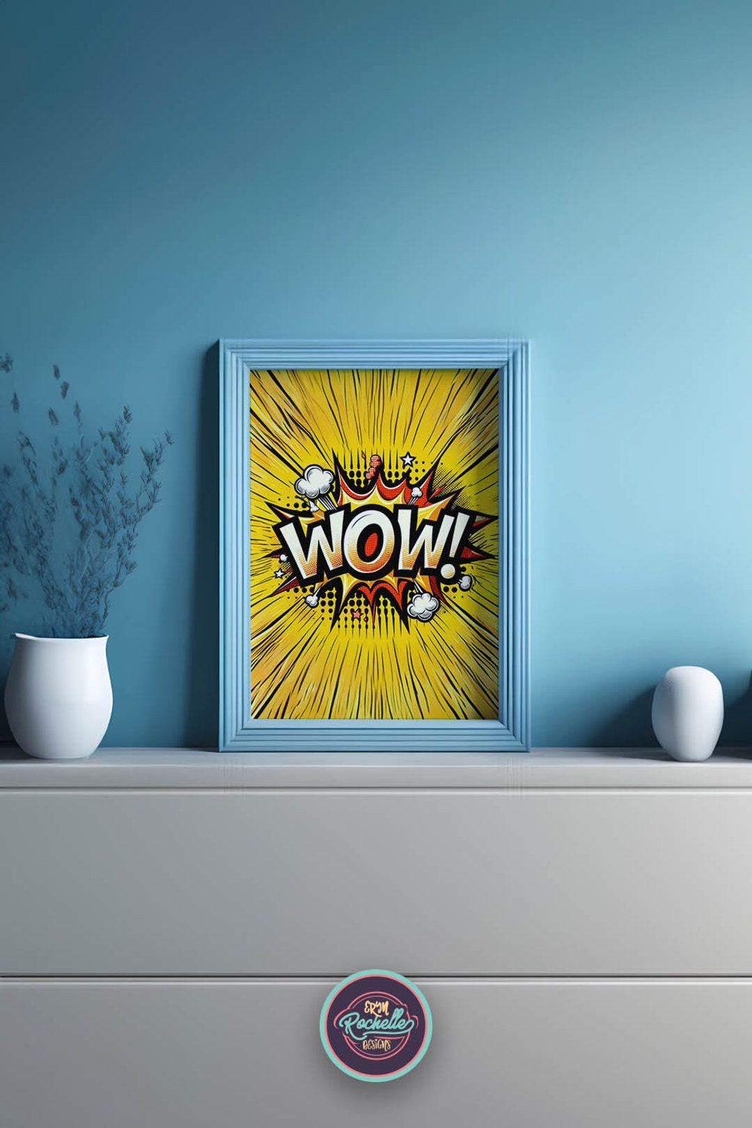 WOW Comic Style Pop Art Yellow Poster With Orange Splatter - Printable ...