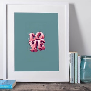Love Poster Hand Drawn Serif Typography 3D Text Printable Wall Art ...