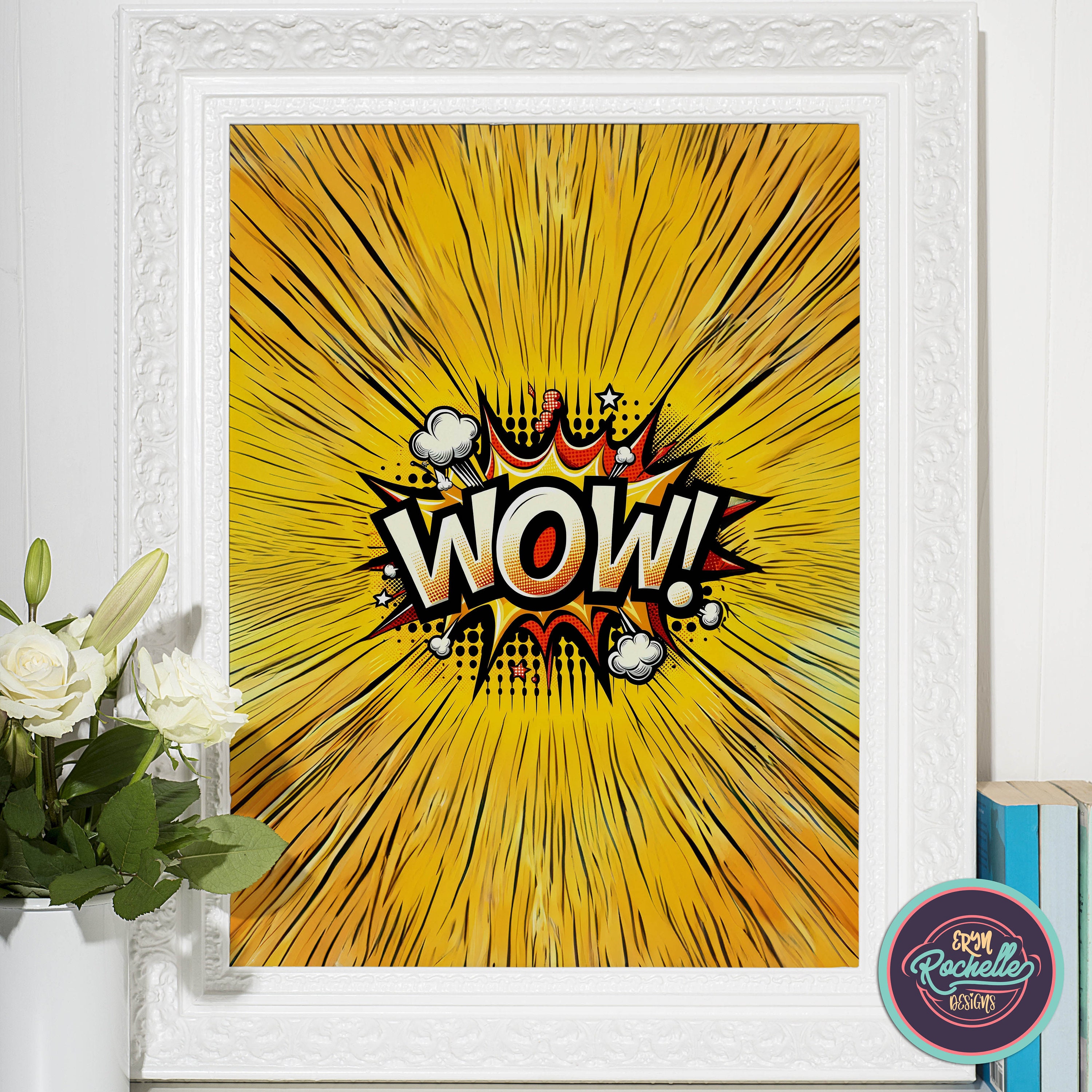WOW Comic Style Pop Art Yellow Poster With Orange Splatter Printable ...