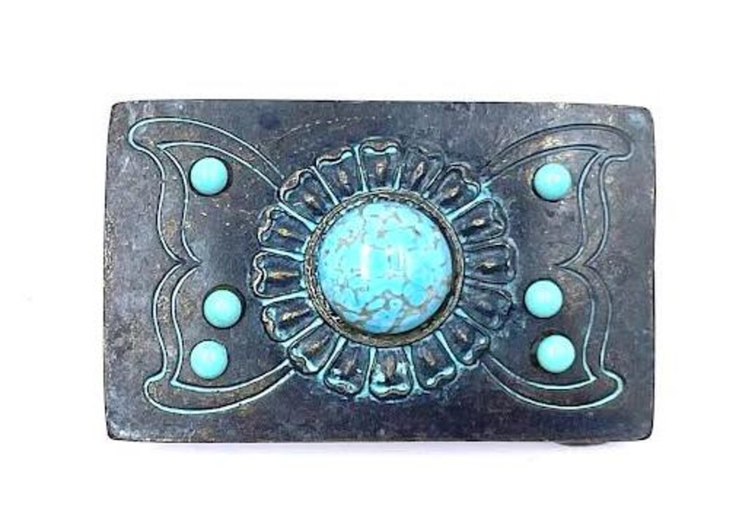 Old Brass Belt Buckle With Patina Finish and Turquoise Stones Inserts ...