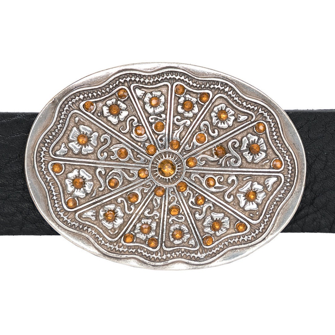 Old Silver Oval Buckle With Orange Topaz Rhinestones and Floral ...