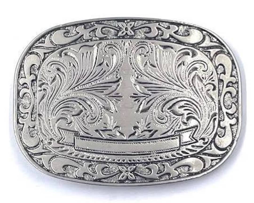 Old Silver Rectangular Western Style Belt Buckle With Art Deco Floral ...