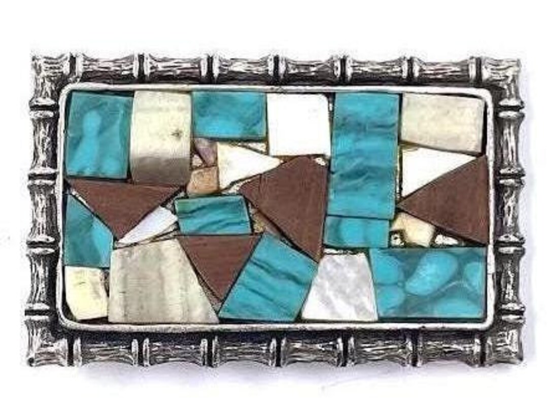 Old Silver Belt Buckle With Turquoise, White and Brown Slabs Made in ...
