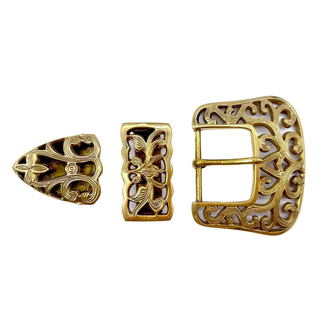 Engraved Solid Brass Buckle Set Etsy 0725